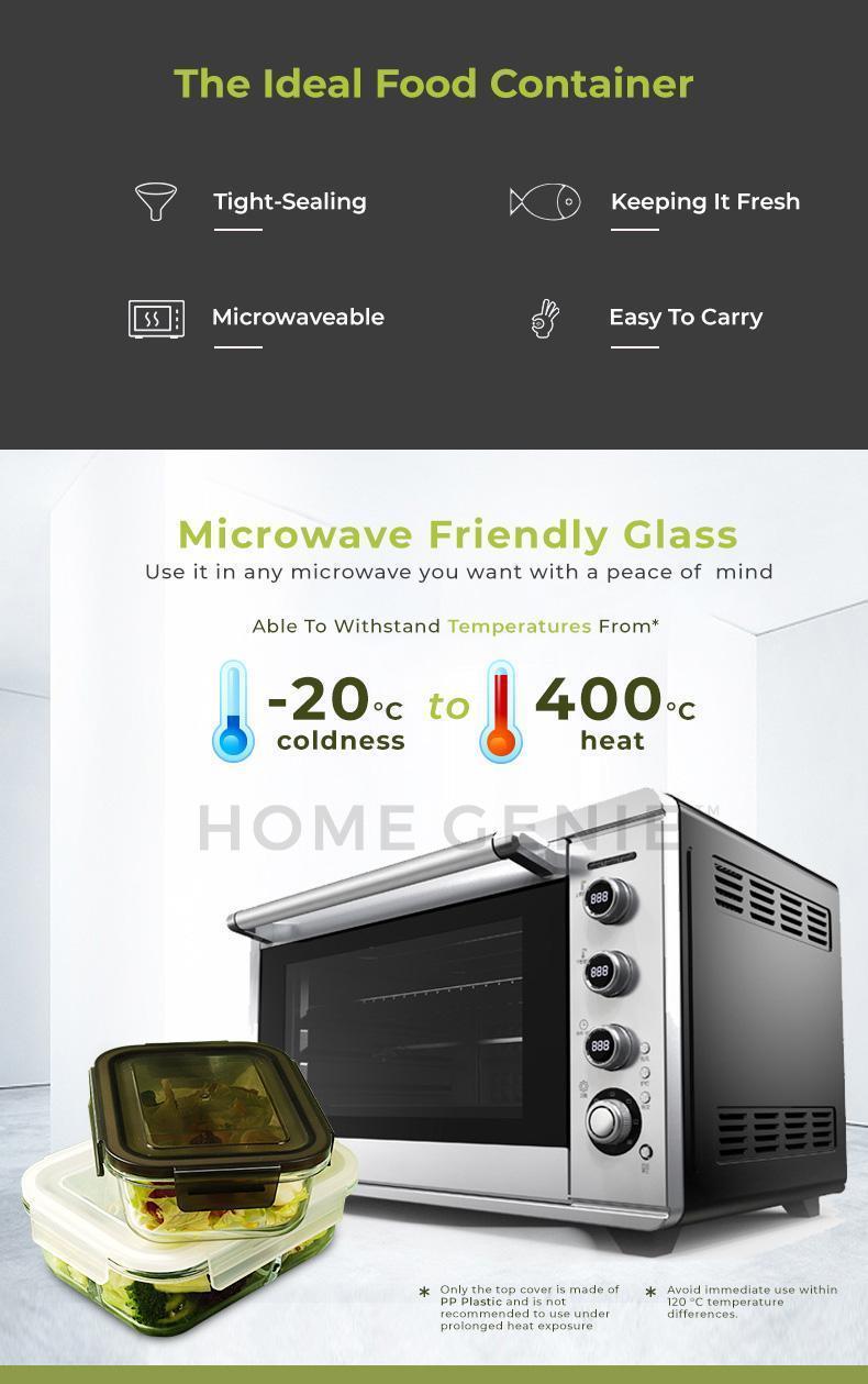 Home Genie Glass Lunch Box Set Safe Microwave Bento Box With Lid Food ...