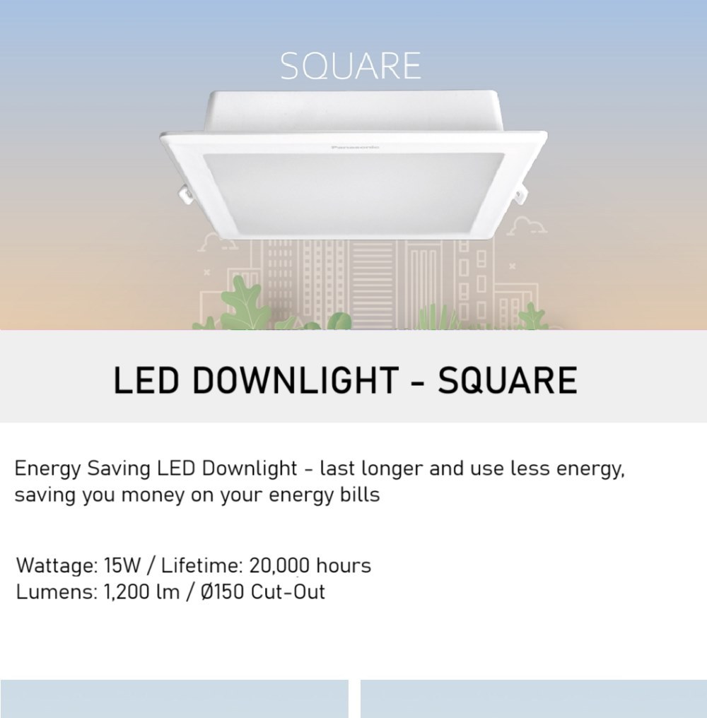 PANASONIC LED RECESSED DOWNLIGHT (15W) CUT OUT SIZE 150MM - SQUARE 1PC ...