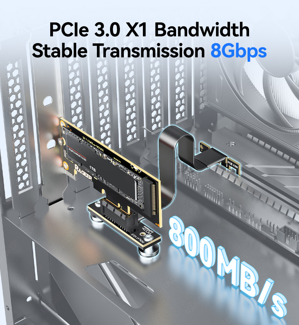 RAGEER PCIe 3.0 x1 to M.2 NVMe adapter with 10cm 90° cable, works with ...