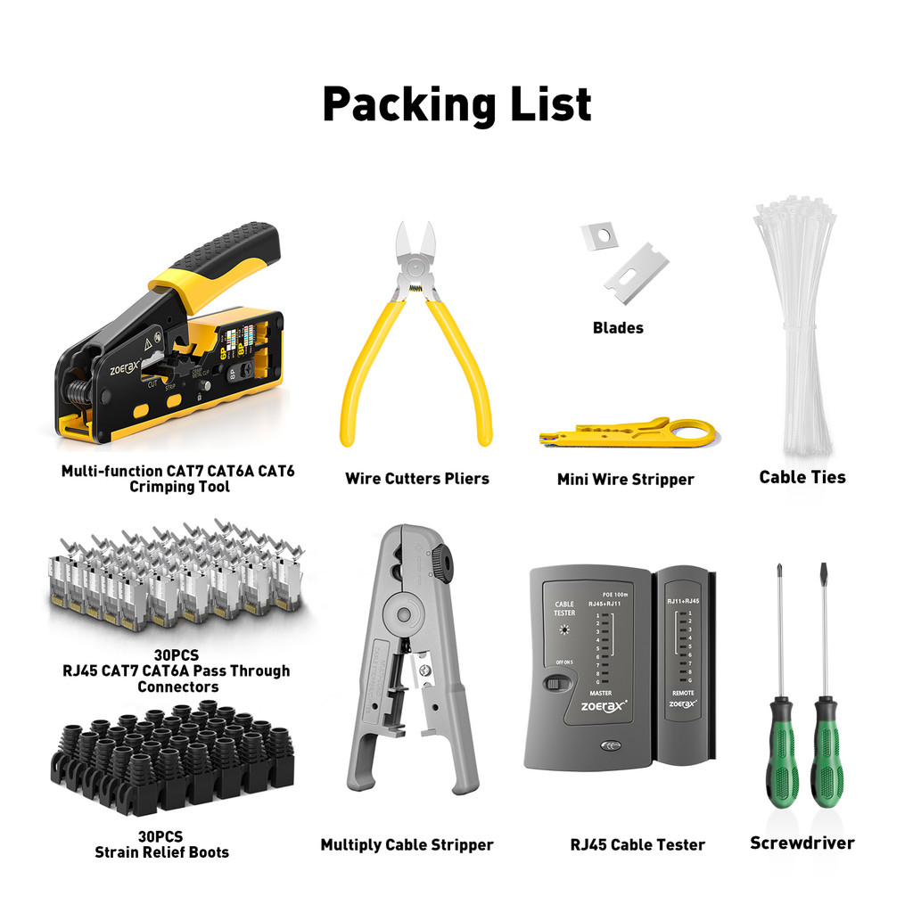 ZoeRax Cat7 Cat6A RJ45 Crimping Tool Kit with Pass-Through RJ45 Crimper ...
