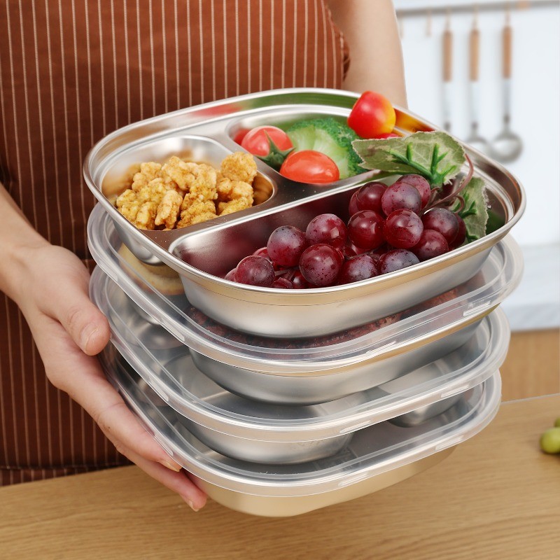 3Grids Stainless Steel Dinner Plate with Lids - Children Dishes - Fresh ...