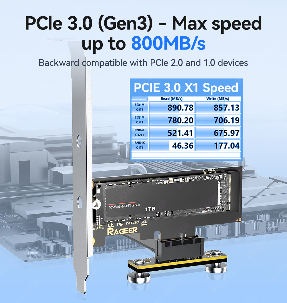 RAGEER PCIe 3.0 x1 to M.2 NVMe adapter with 10cm 90° cable, works with ...