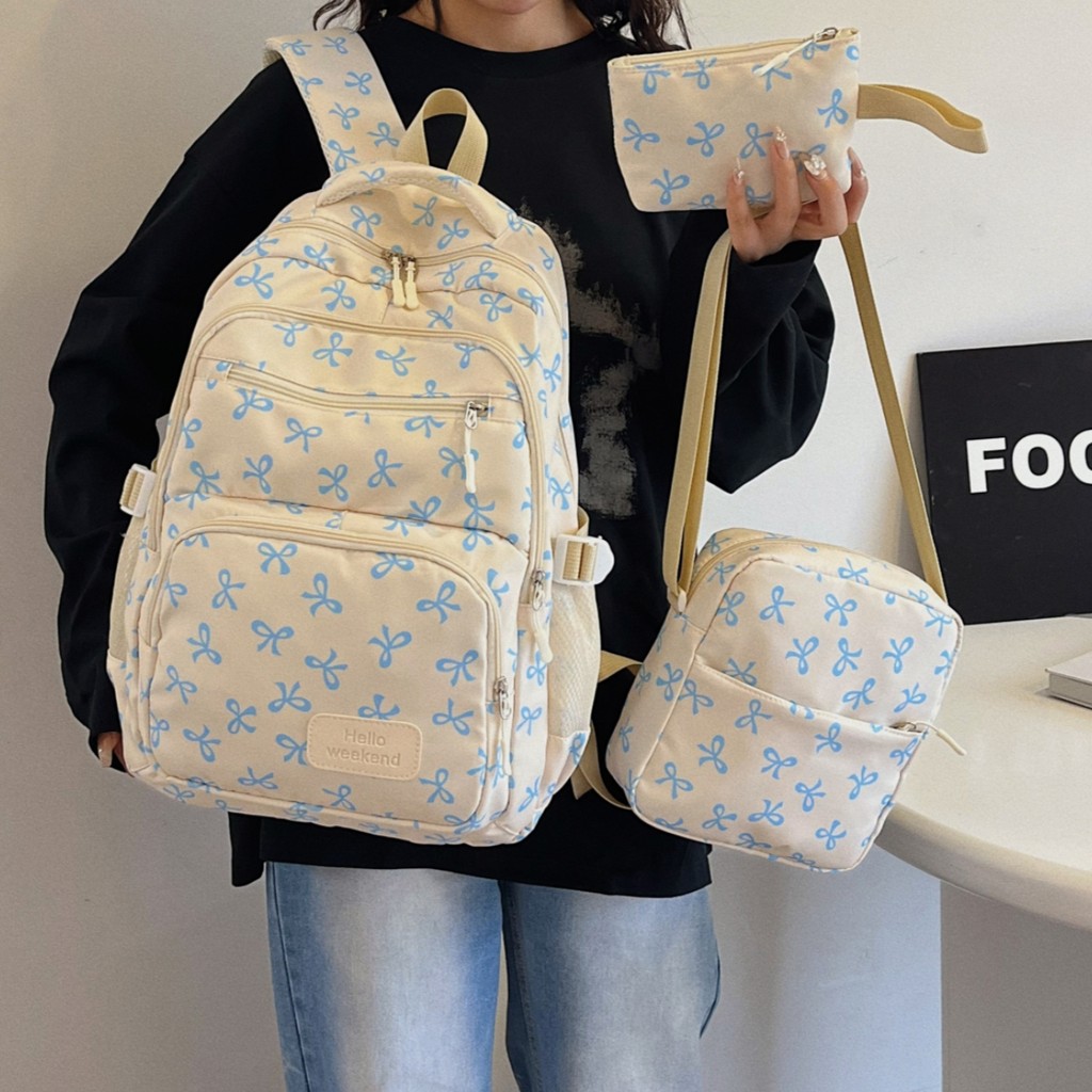Three-Piece Set Bow Backpack Girl Heart Preppy Style Floral Backpack ...