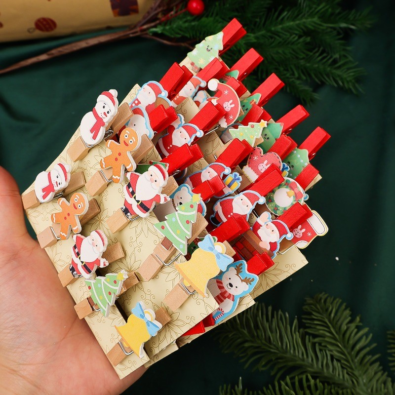 Cartoon Xmas Tree Santa Claus Snowman Wooden Clip- New Year Party ...