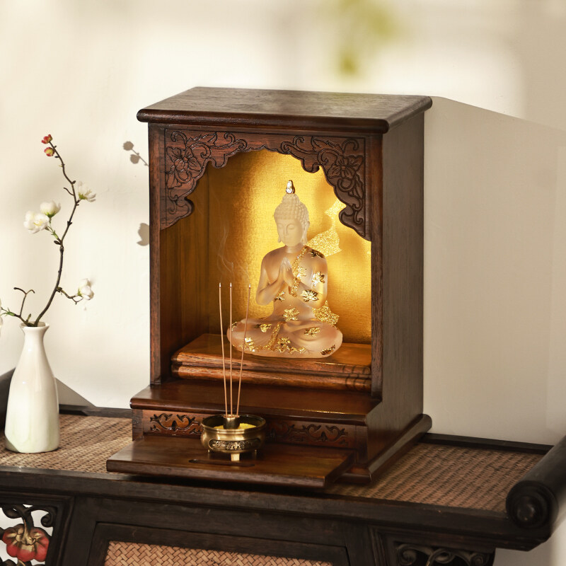 Teak Wood Buddhist Altar Shrine with Warm Light | Wall Mounted ...