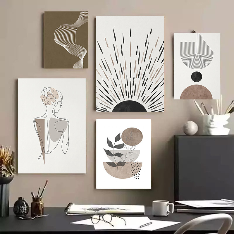 (With Frame) Neutral Boho Abstract Gallery Wall Art Mid Century Modern ...