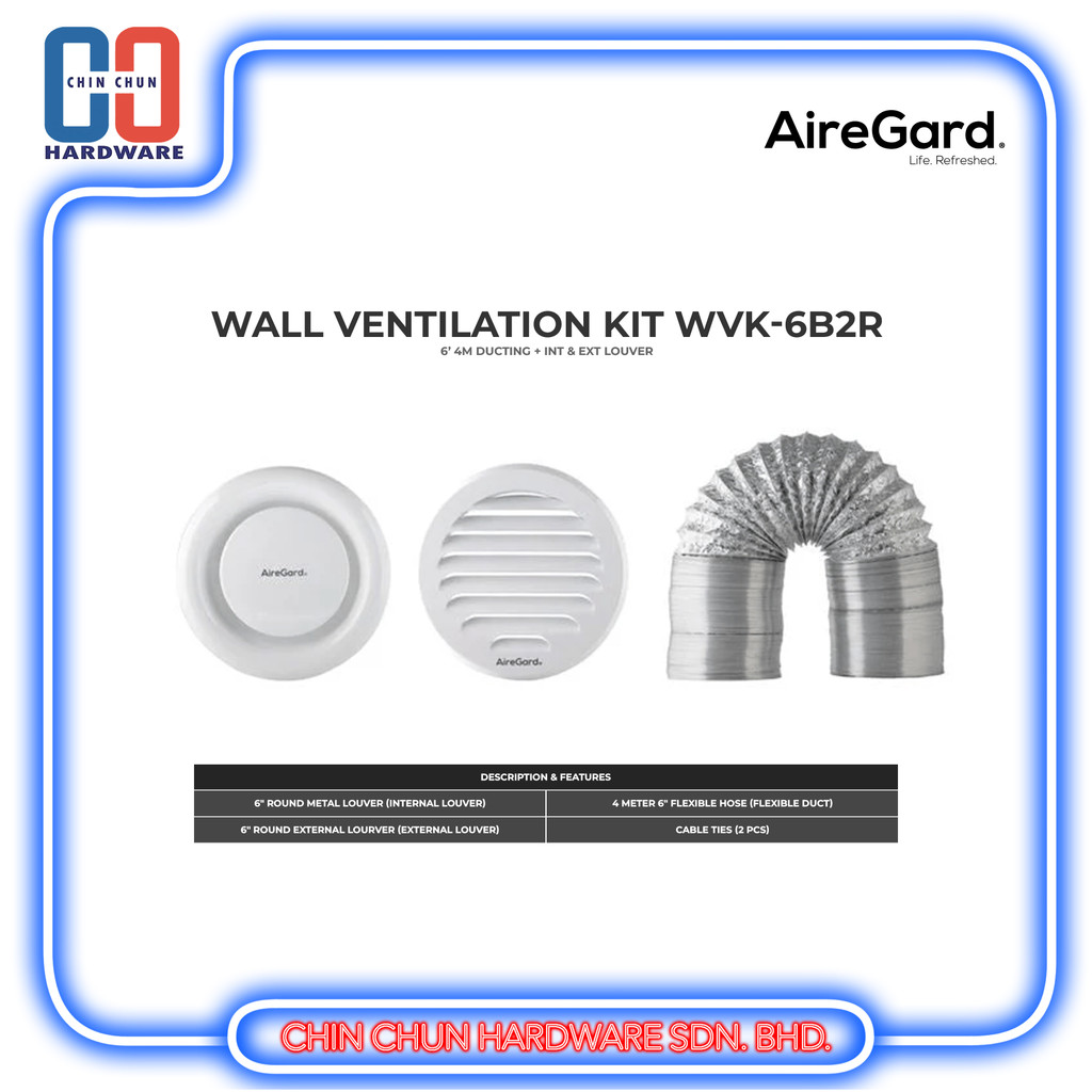 AireGard WALL VENTILATION KIT [ 6" 4m DUCTING + INT&EXT LOUVER] WVK ...