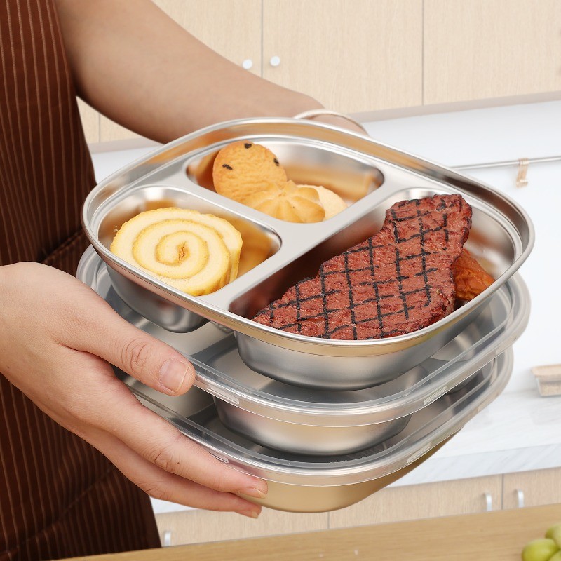 3Grids Stainless Steel Dinner Plate with Lids - Children Dishes - Fresh ...