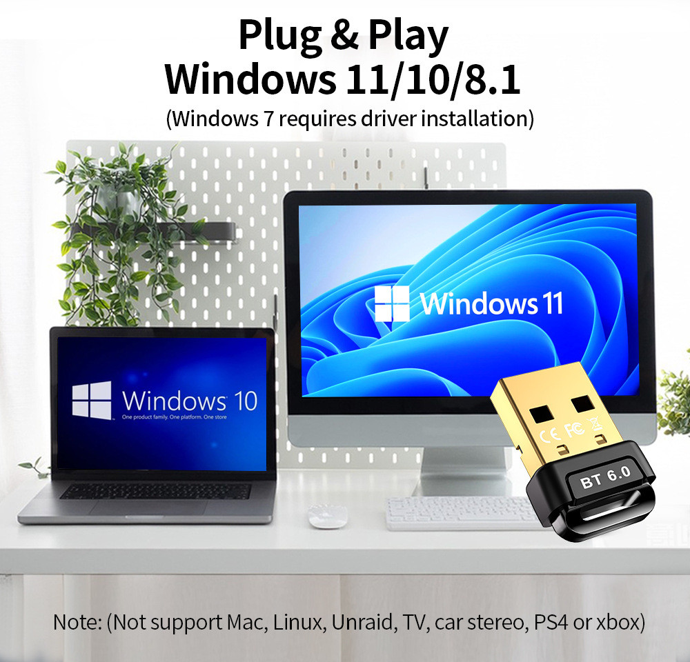 USB Bluetooth 6.0 Adapter Audio USB Receiver Transmitter For PC Laptop ...