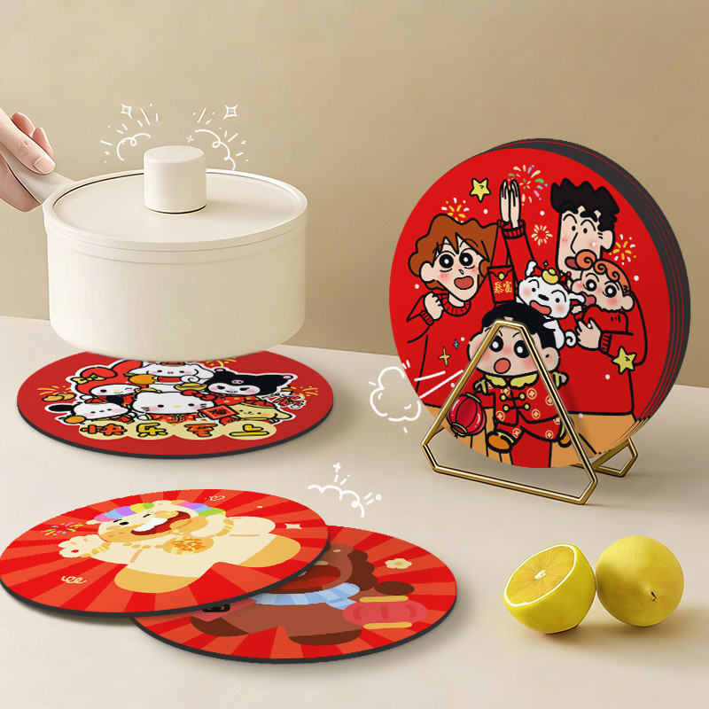 2026 New Year Cartoon Placemats Red Round Heat-Resistant Mat Cute ...