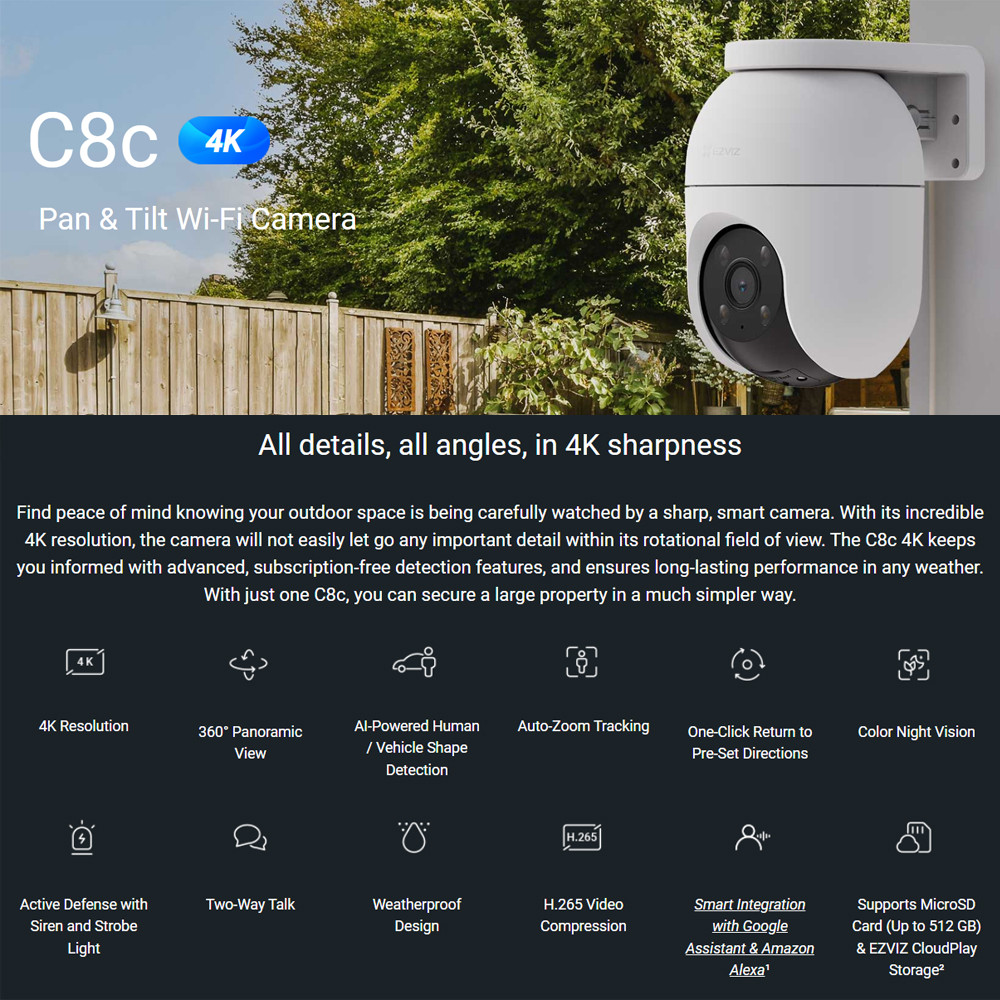 Ezviz C8C 8MP 4K Pan/Tilt Two Way Talk Color Night Vision Weatherproof ...