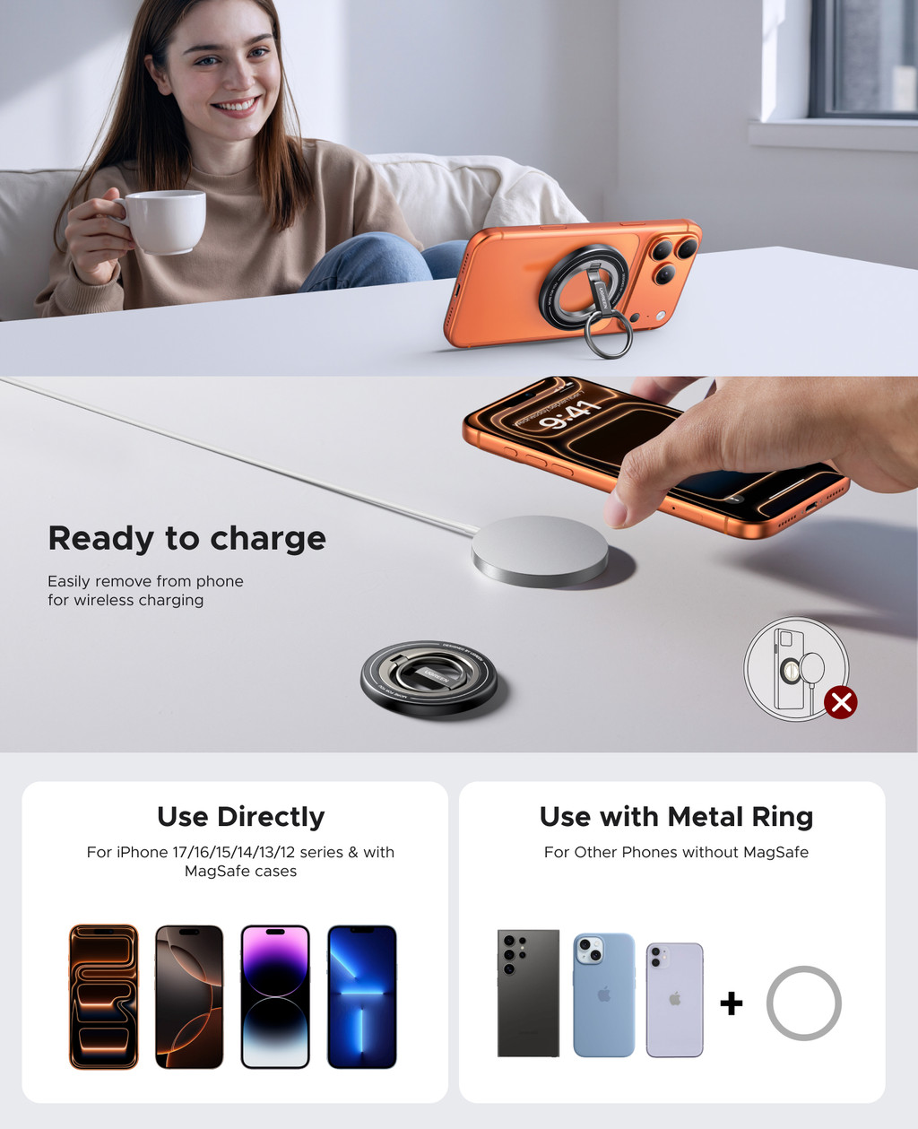 UGREEN Magnetic Phone Grip Ring Holder Double-Sided N52 Strong Magsafe ...