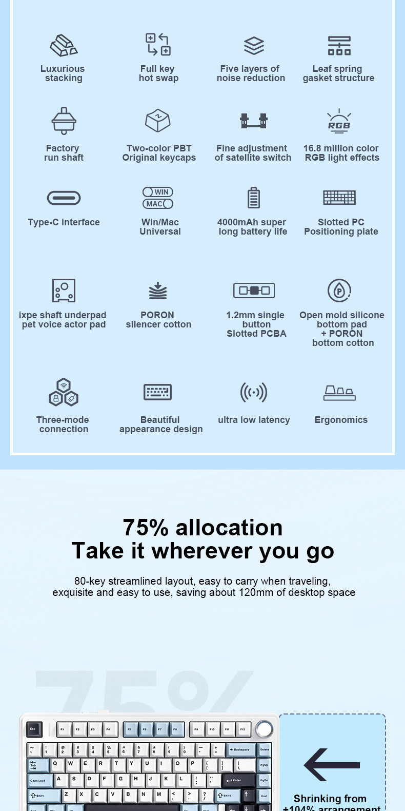 AULA F75 80 Keys 2.4G/Bluetooth/Wired Tri-mode Hotswap mechanical ...