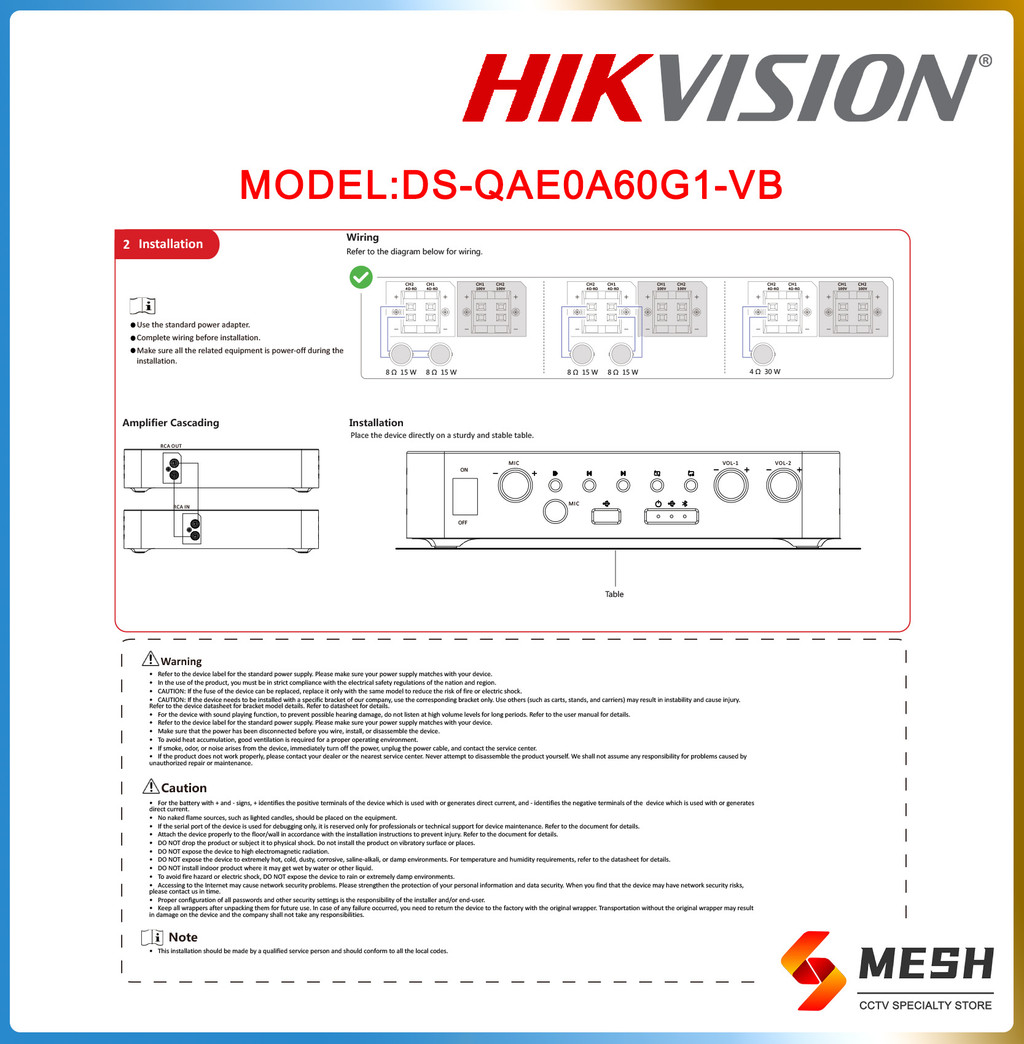 HIKVISION DS-QAE0A60G1-VB 60W Analog Amplifier Bluetooth USB Microphone ...