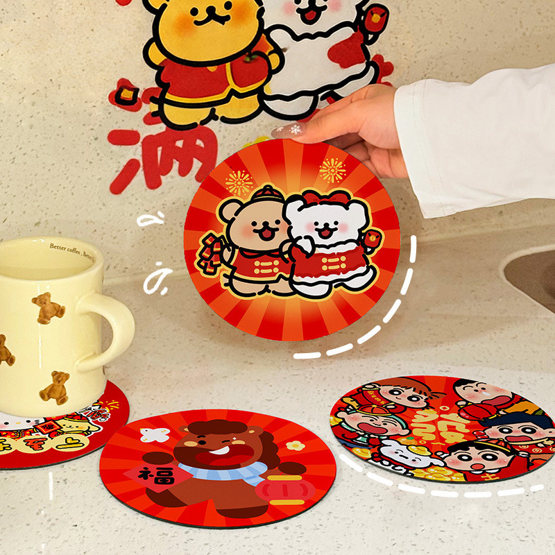 2026 New Year Cartoon Placemats Red Round Heat-Resistant Mat Cute ...