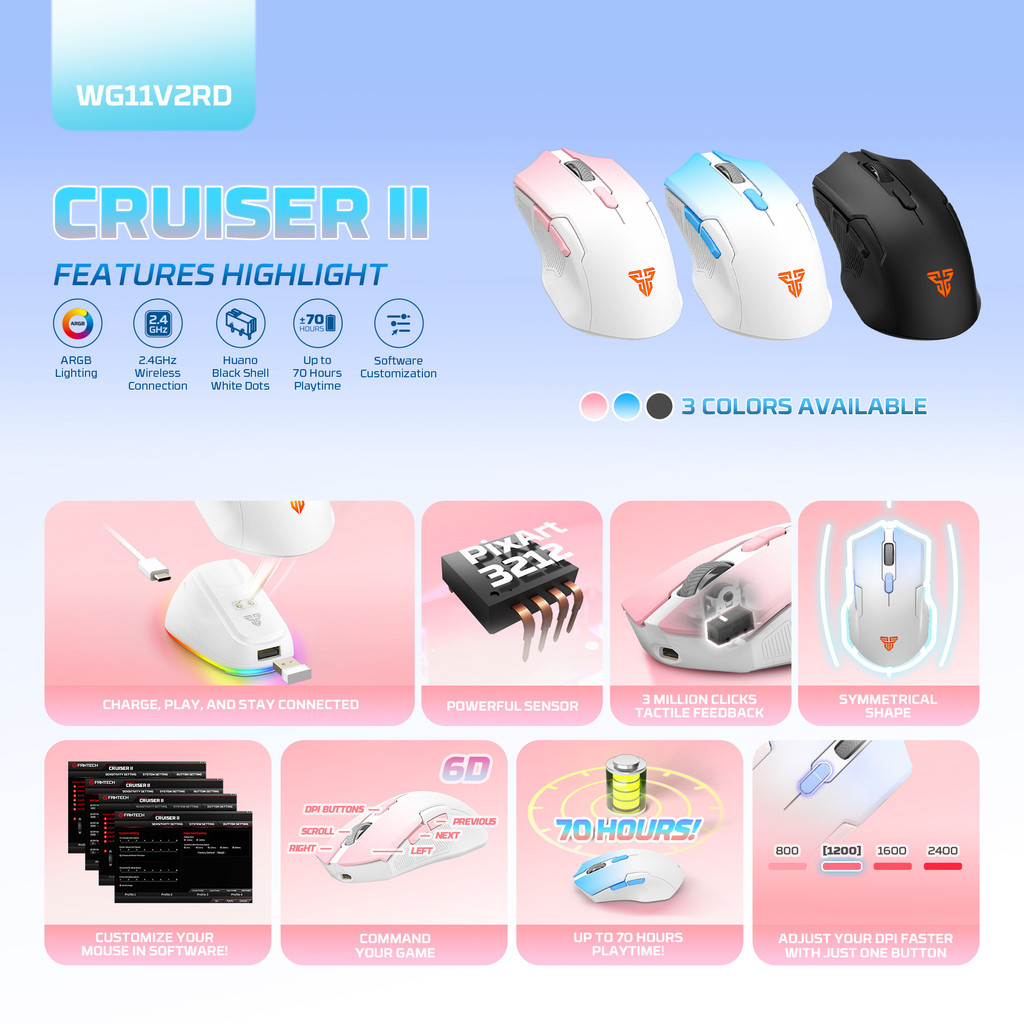 FANTECH WG11V2RD CRUISER II Wireless Gaming Mouse with RGB Charging ...