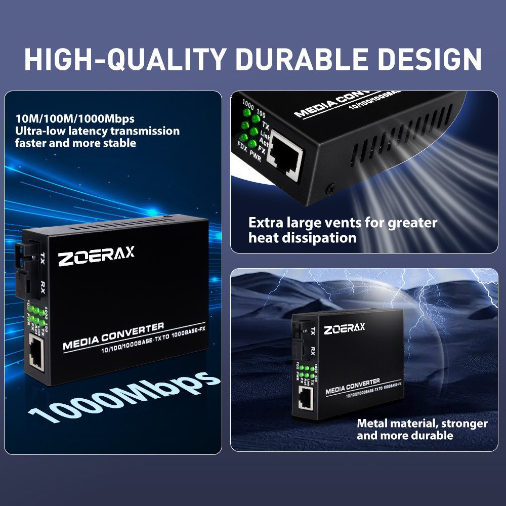 ZoeRax Gigabit Fiber Media Converter, Single Mode SC, RJ45 to Fiber ...