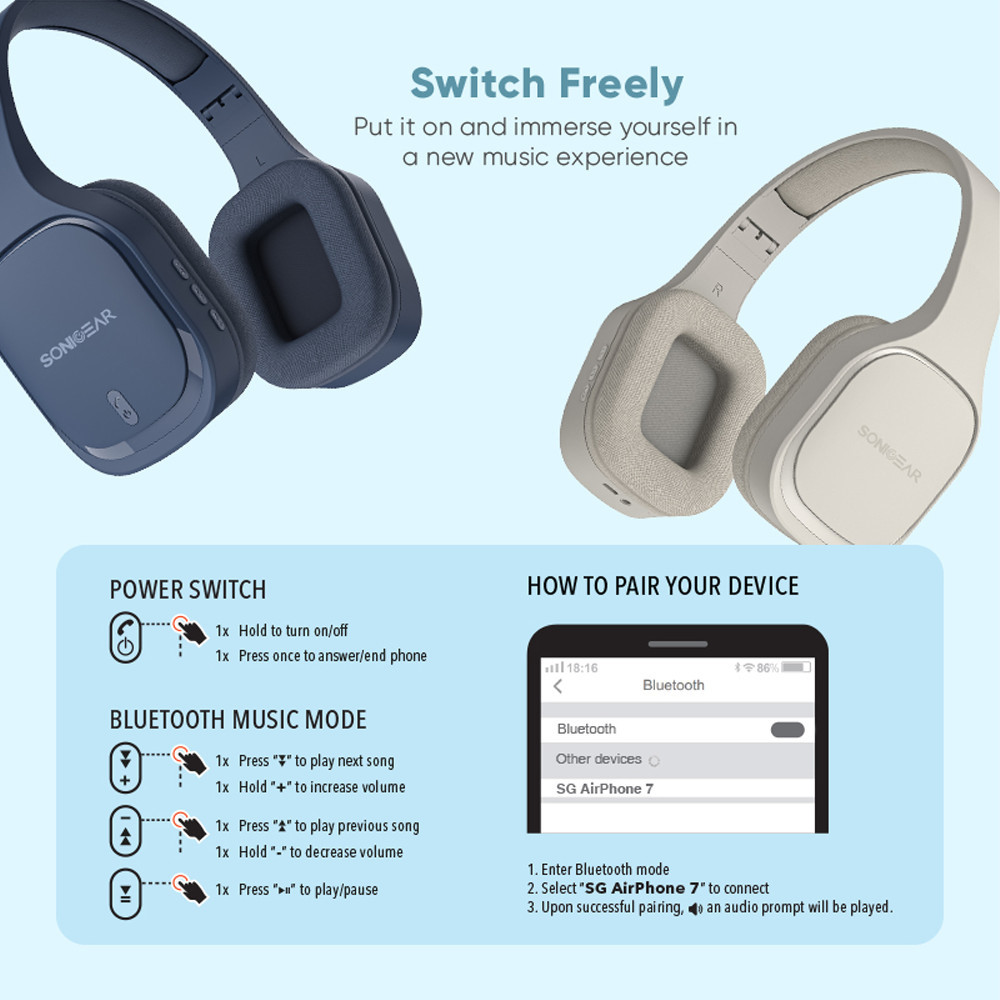SonicGear Airphone 7 Bluetooth Headphones With Mic, 10 Hours Playtime ...