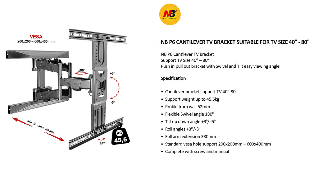 NB North Bayou P6 Cantilever TV Bracket Suitable for TV Size 40" - 80 ...