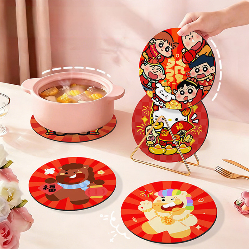 2026 New Year Cartoon Placemats Red Round Heat-Resistant Mat Cute ...