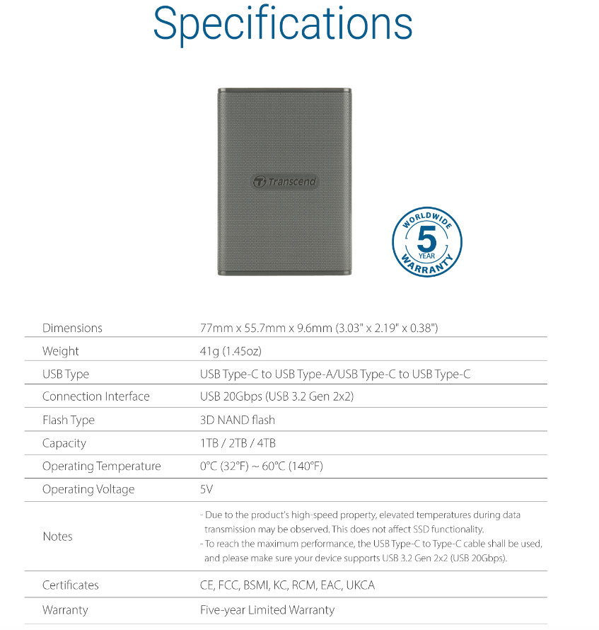 Transcend ESD360C Portable SSD One Touch Auto Backup, Type-A & Type-C ...