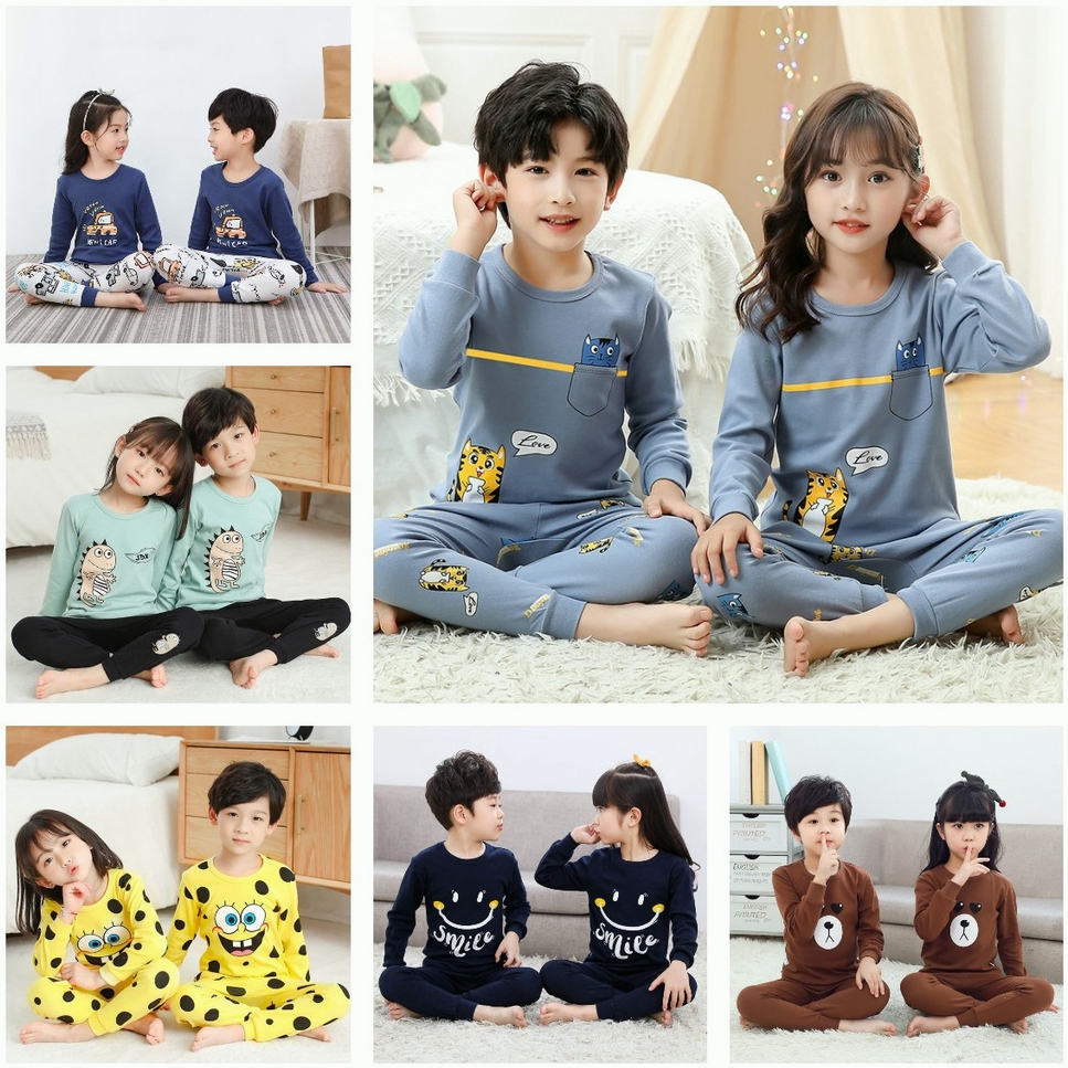 2-15Years Kids Sleepwear Set Cotton Suit Cartoon Boy Pyjamas | Shopee ...