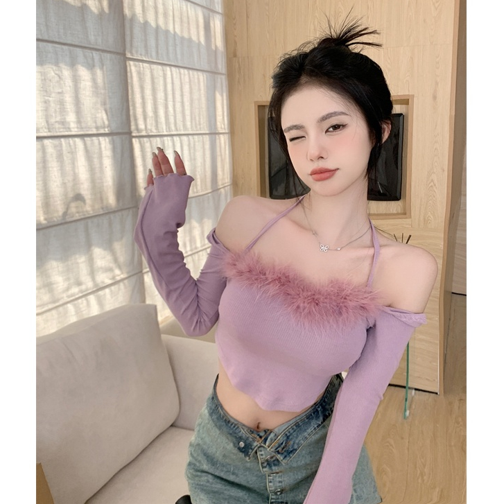 SEZO Korea Fashion Women's Sexy Spicy Girl Plush Off Shoulder Long Sleeve Knitted T-shirt Women ...