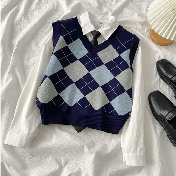 Korean Style Women Knitted Sleeveless Retro Plaid Loose V-neck Knit ...