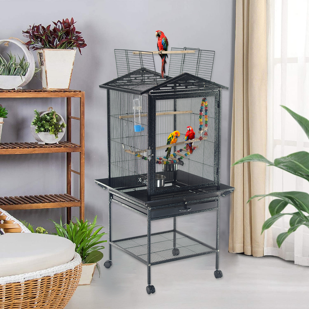 Bird Cage- Open Top Standing Parrot Parakeet Cage with Rolling Stand ...