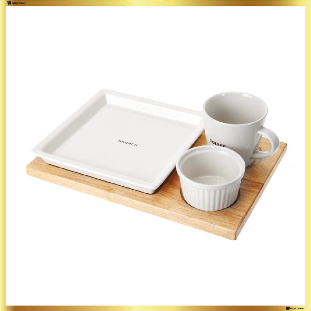 Cafe Serving Tray Set 4pcs (Brunch plate + Bowl + Mug + Wood Tray ...