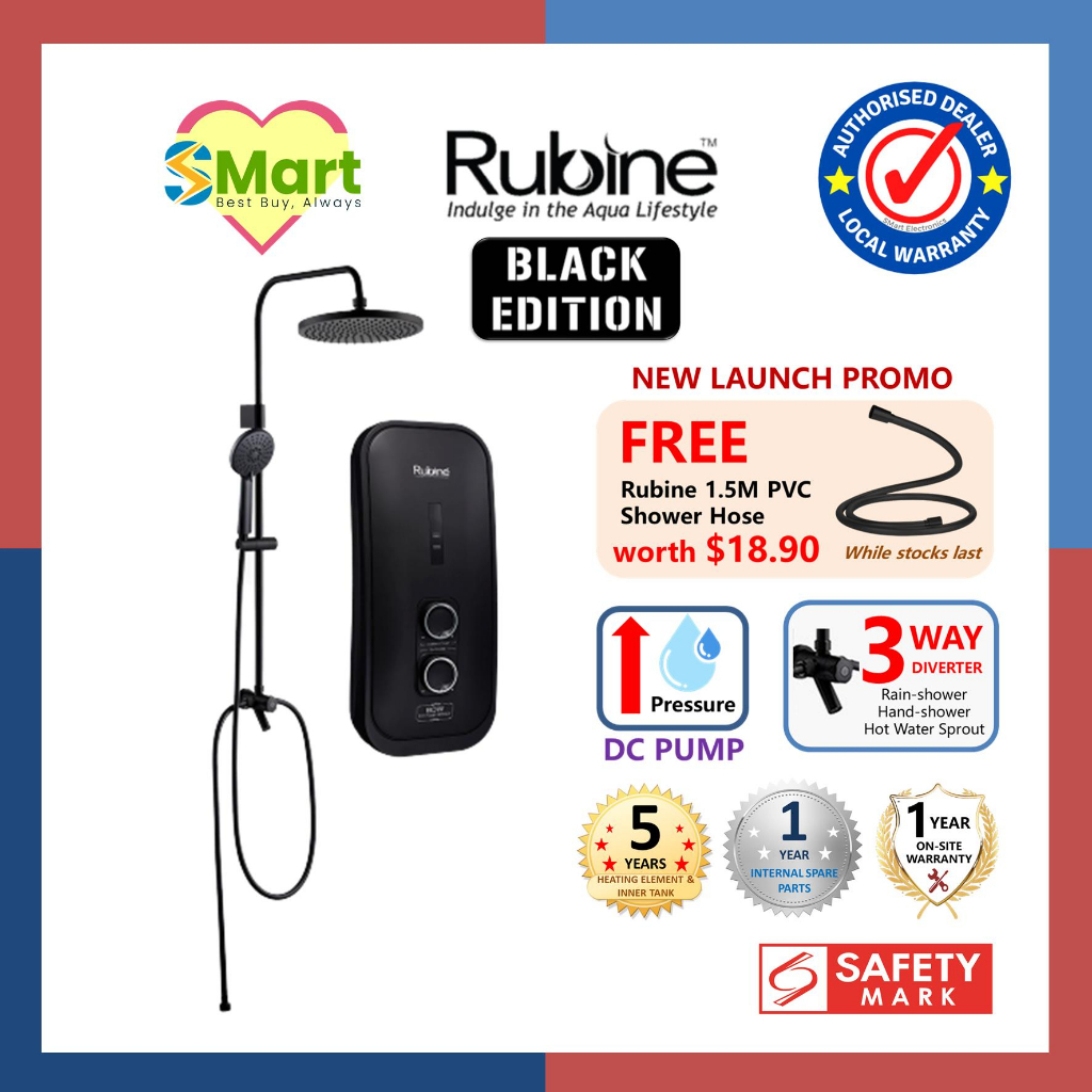 Rubine Instant Water Heater with Rainshower & DC Pump [RWH-3388 Black ...