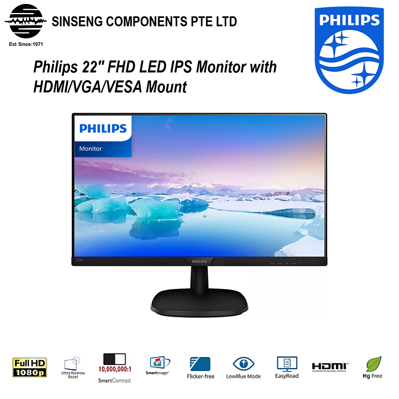 Philips IPS LED 22”inch Monitor with HDMI/VGA/VESA Mount Model:PHI ...