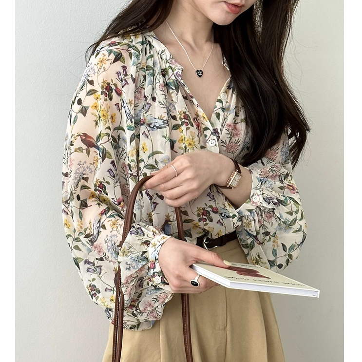 Korean women's bubble sleeve chiffon floral blouse long sleeve loose ...