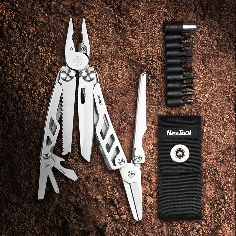 NexTool Flagship Max Sandblasted Silver Multi-Tool 14 Functions with Bit Kit and Nylon Pouch ...