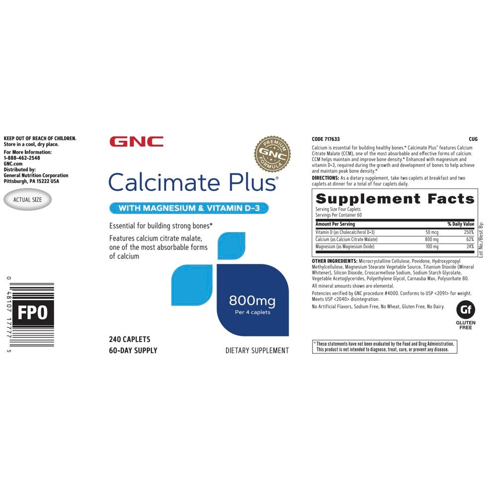 GNC Calcimate Plus® Magnesium & Vitamin D-3 800 mg – 240 Caplets ...