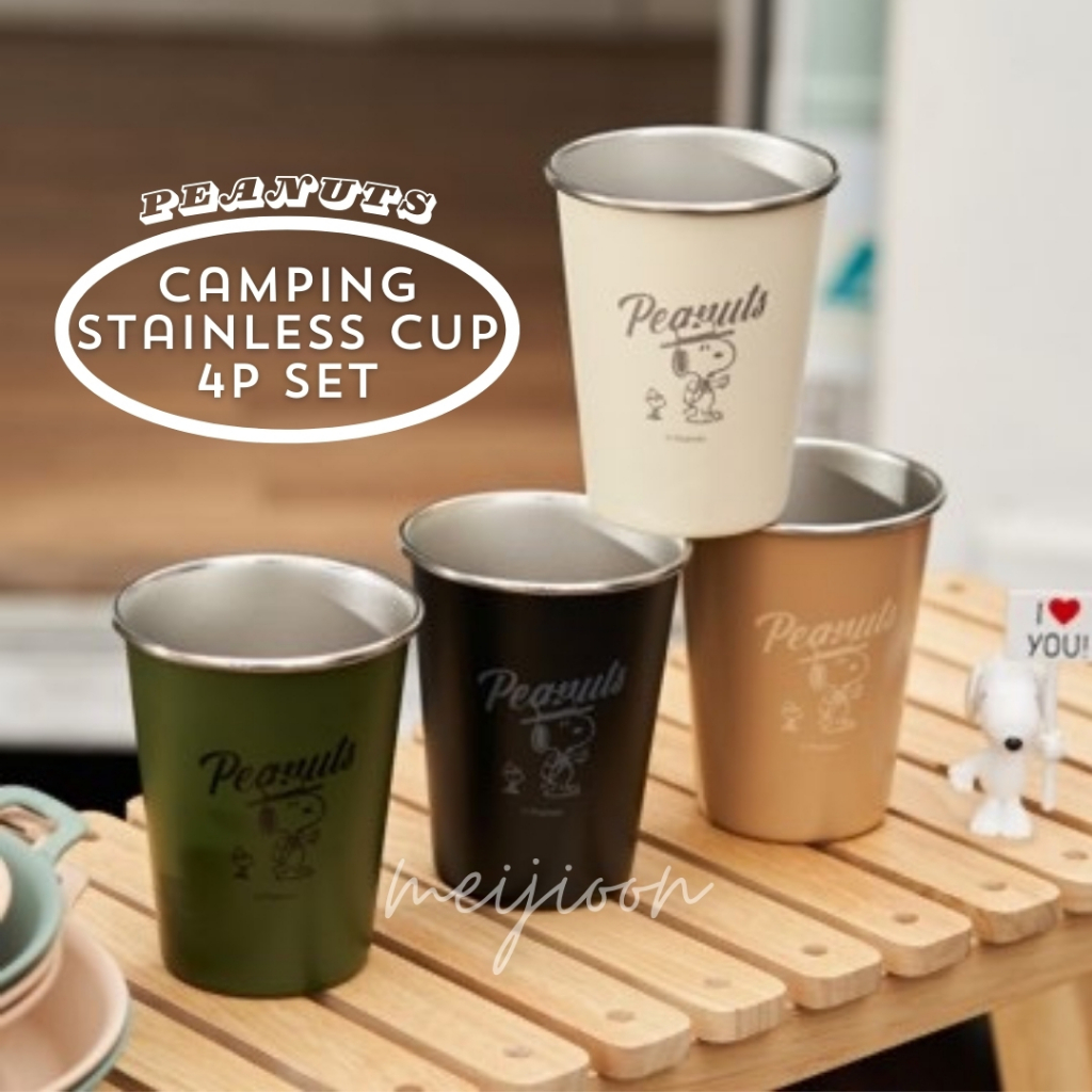 ♥from KOREA♥ PEANUTS, Snoopy Camping Series, Color Stainless Cup 4P Set 350ml (4ea + pouch ...