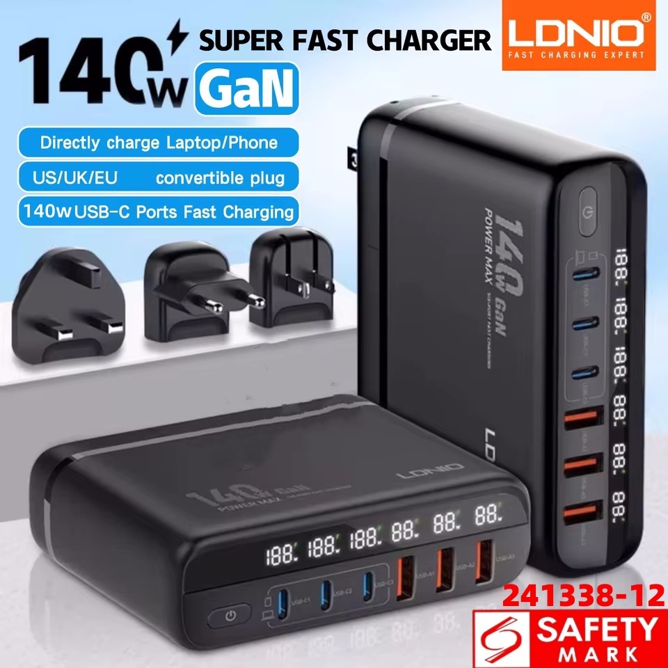 LDNIO 140W GaN International Travel Adapter Charger 6 Port LED Display ...