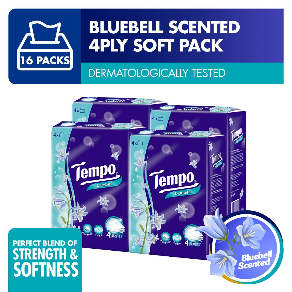 [Bundle of 4] Tempo Soft Pack Facial Tissues Bluebell (90s/pack)(4packs ...