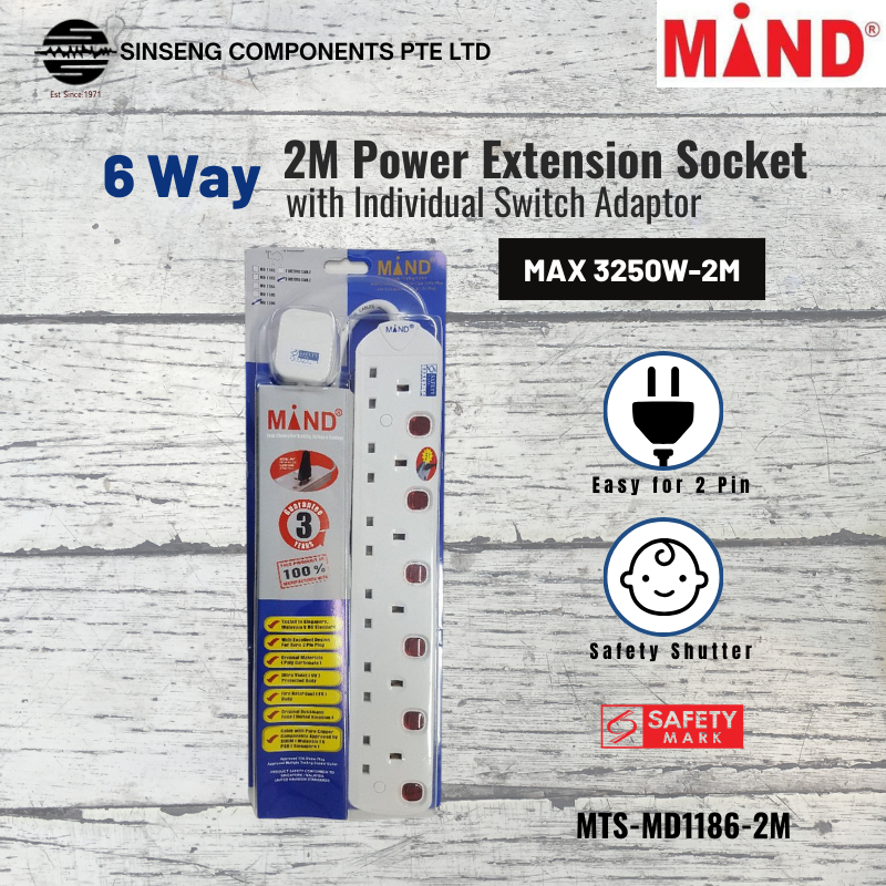 MIND 6 Way Extension Socket Power Strip | Individual Switches | 2M Cord ...