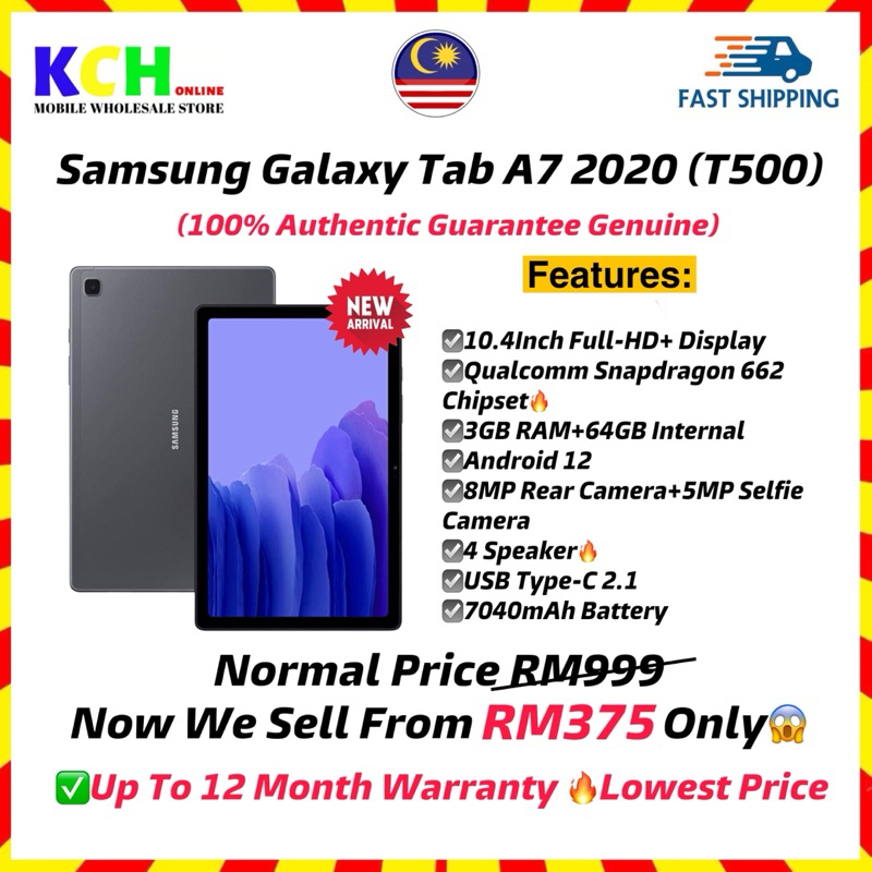 Samsung Galaxy Tab A7 10.4 2020 (T500) 3+64GB Snapdragon 662 Gaming Chipset Tablet Netflix Pad ...