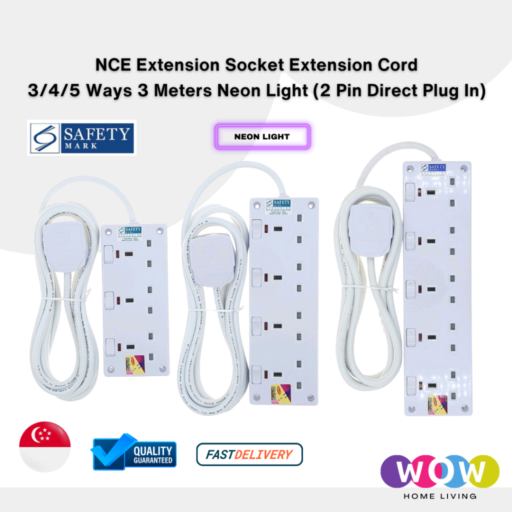 NCE Extension Socket 3/4/5 Ways 3 Meter With Neon Light (Direct 2 Pin ...