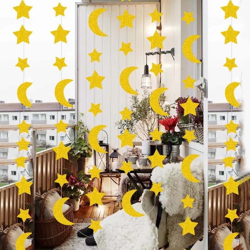 Glitter Gold Moon Stars paper Garlands Twinkle Stars Crescent Hanging ...