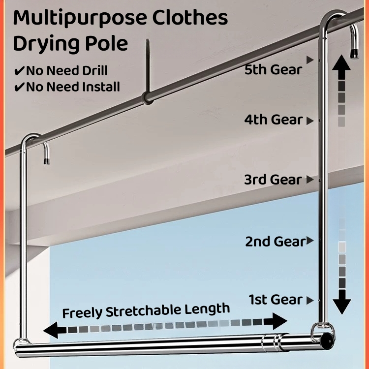 SG Multifunction No need Install Telescopic Clothes Laundry Rail Rod ...