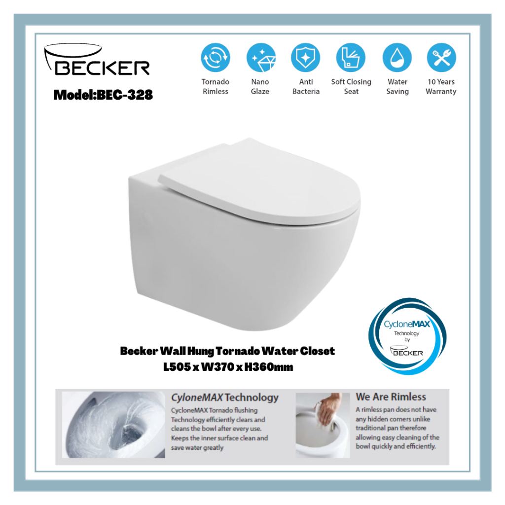 Becker Wall Hung Water Closet With CycloneMax Double Vortex Tornado ...