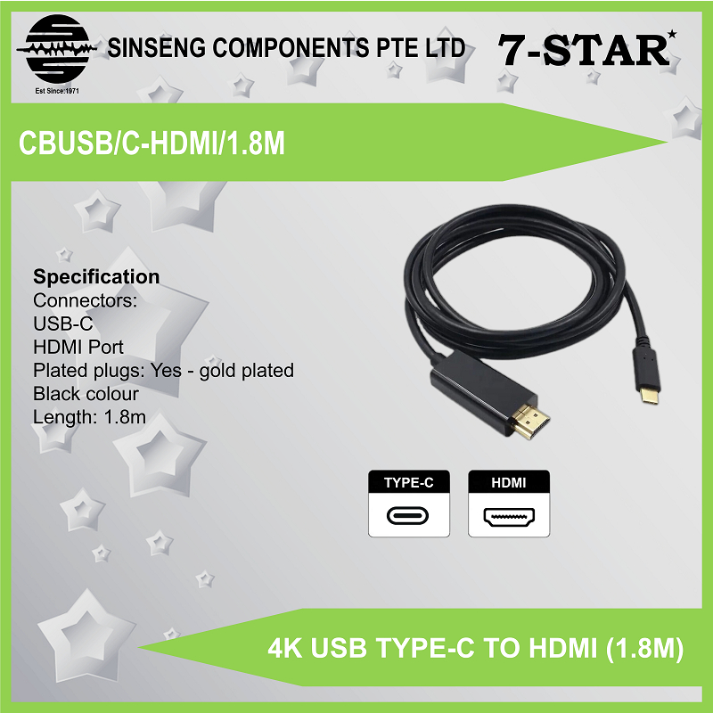 7-STAR* 4K USB TYPE-C Type C TO HDMI Adapter Cable (1.8M) [Order Model: CBUSB/C-HDMI/1.8M ...