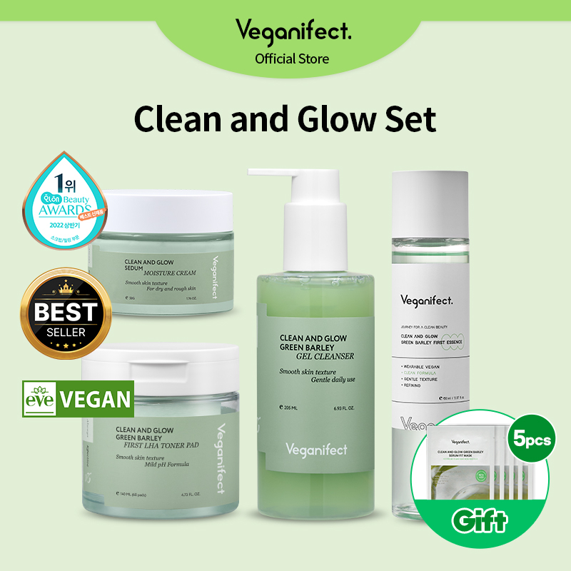 [Veganifect] Clean and Glow All SET / Gel Cleanser + Toner Pad + Cream + 1st Essence + Sheet ...