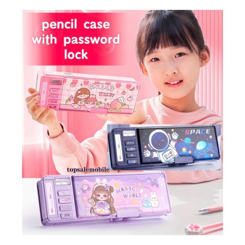 Magic World pencil case with password lock student stationary box ...