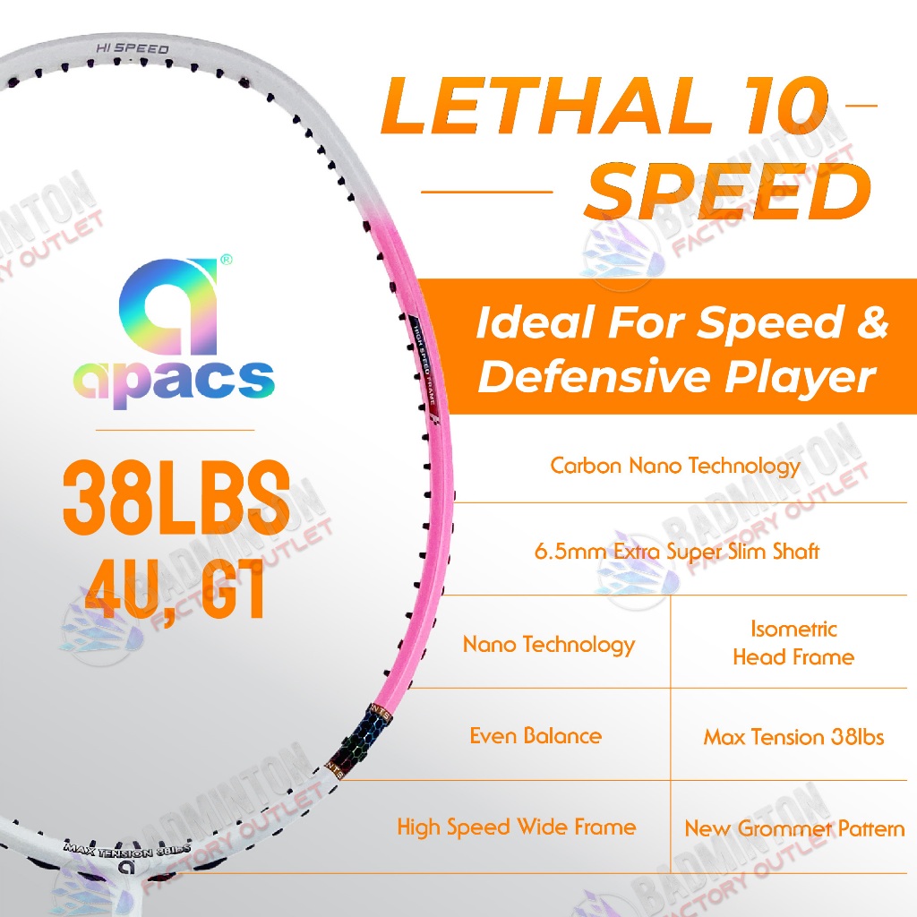 Badminton Racket Apacs Lethal 10 Speed (Pink White) 38lbs 4U, G1 with ...
