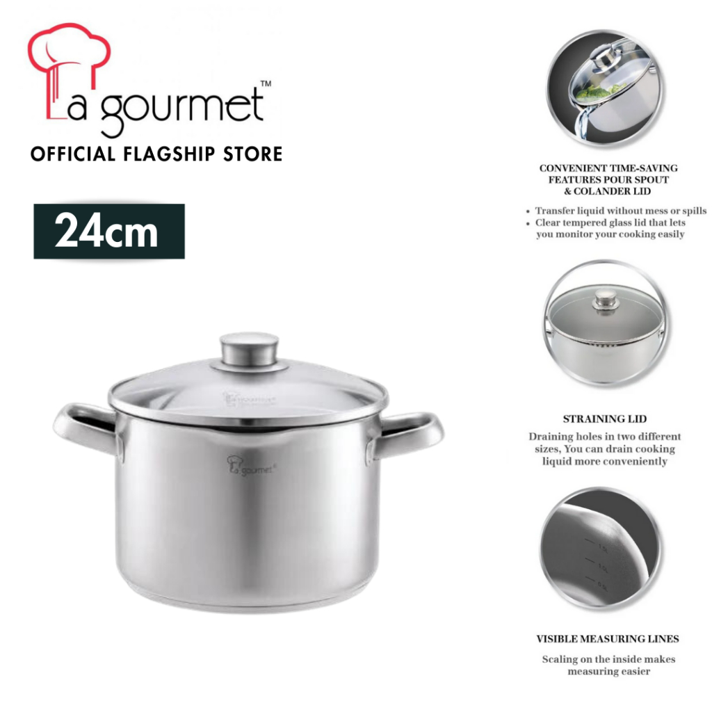 La gourmet Cook & Pour 24cm Stainless Steel Casserole with Glass Lid ...