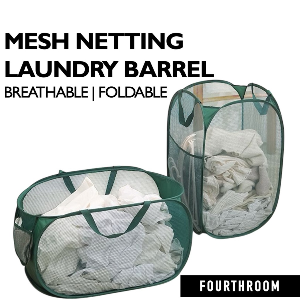 Mesh Netting Laundry Barrel with Handle Strap | Foldable Collapsible ...